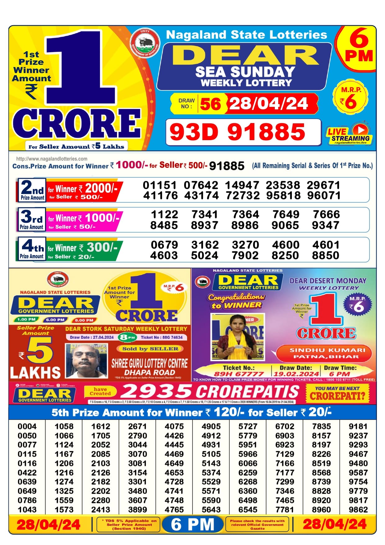 Dear Lottery Result Today 6PM Winners List OUT LIVE 29 04 2024