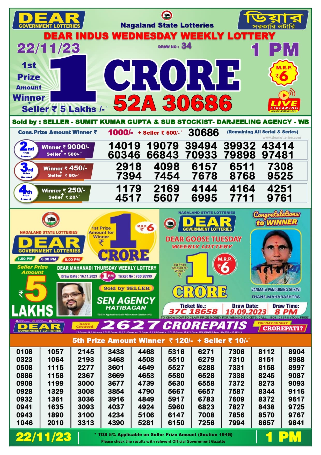 Lottery Sambad Today Result 22 11 2023 1 PM 6 PM 8 PM