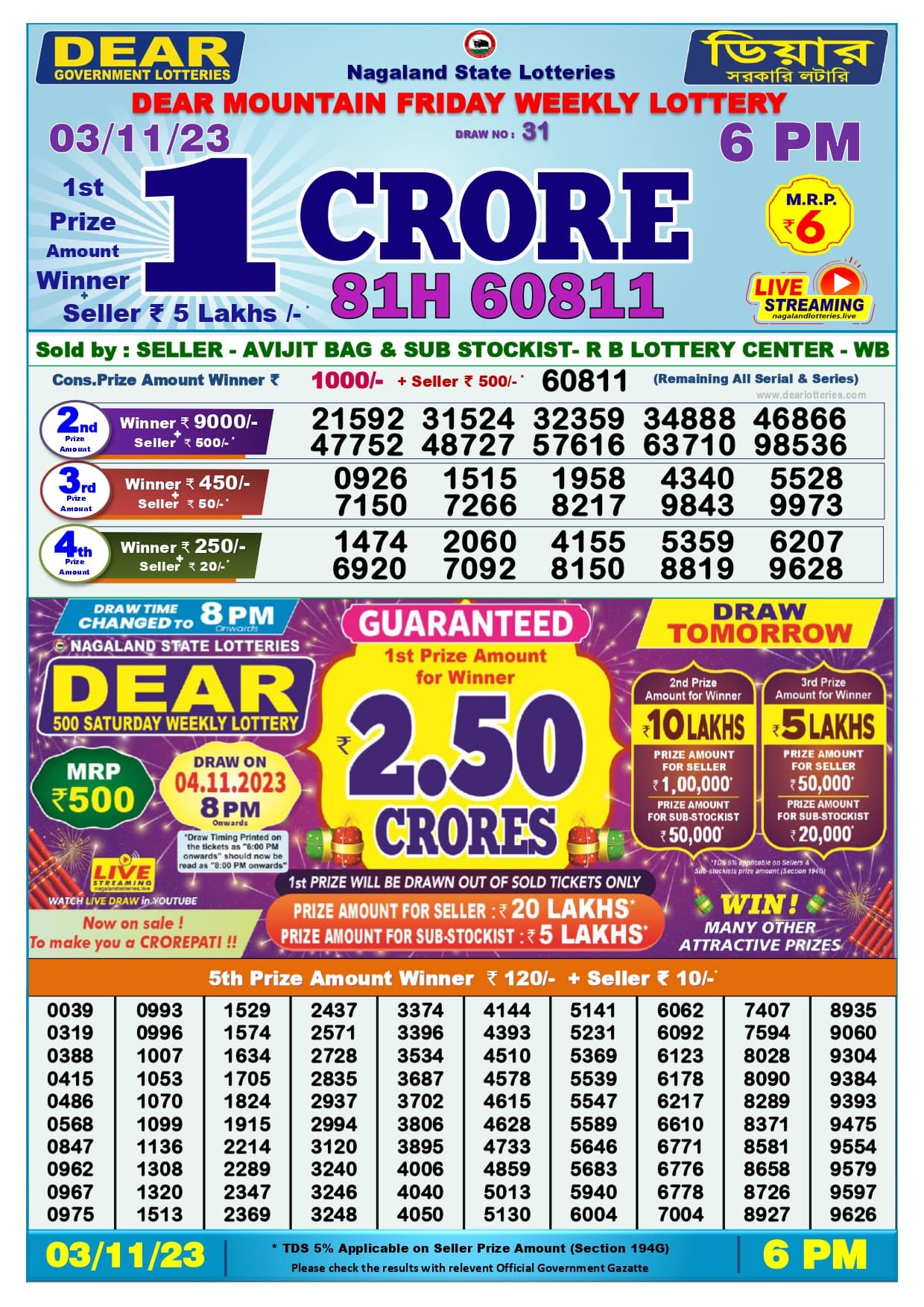 Lottery Sambad Today 6 PM 03 11 2023 Winners List