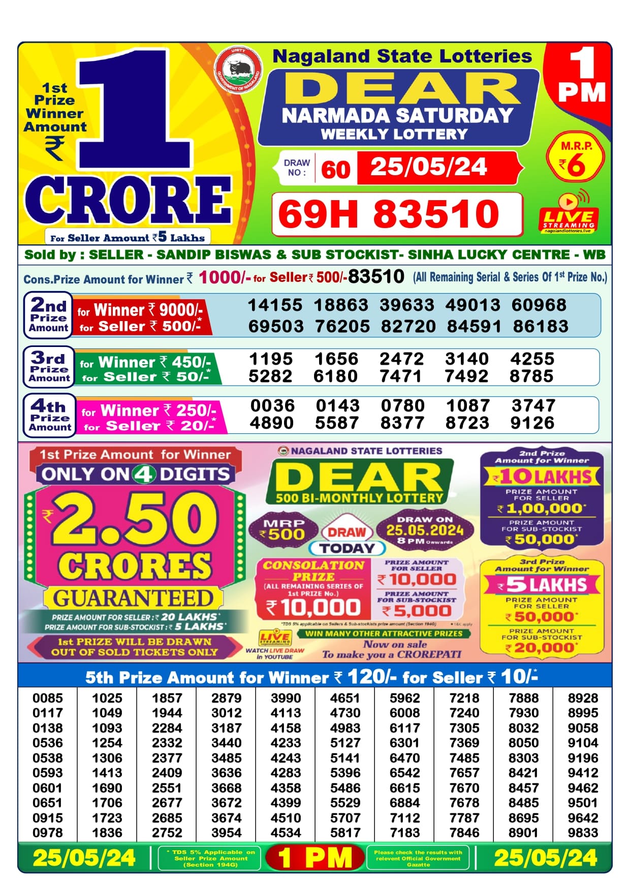 Dear Lottery Result Today 1 PM, 6 PM, 8 PM 25-05-2024 Nagaland State Sambad